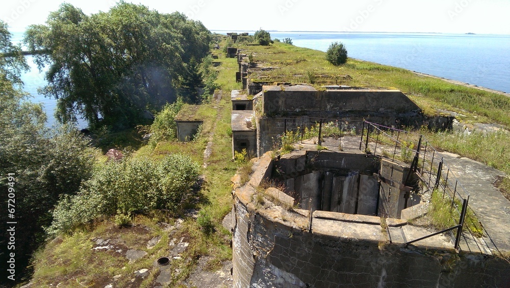 Concrete fortifications from WWII on Totlebin island in Russia Stock ...
