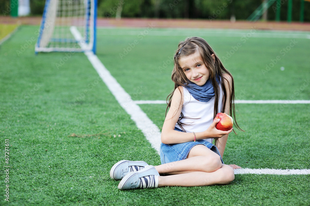 Portrait of beauty pre-teen tween kid girl on the soccer field Stock ...
