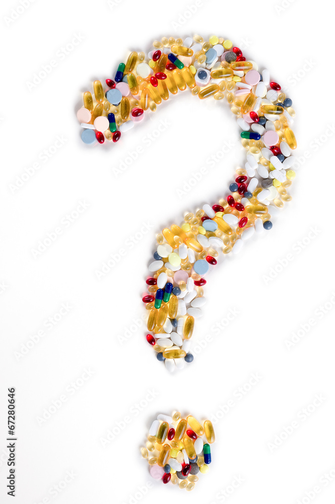 Pills as question mark on white background. Medical concept. Stock ...