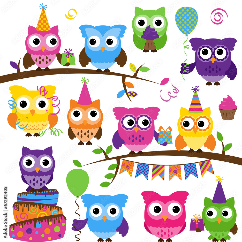 Vector Collection Of Party Or Celebration Themed Owls Stock Vector