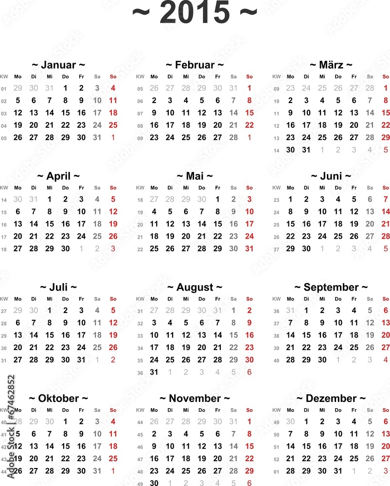 Kalender 2015 universal - ohne Feiertage Stock-Vektorgrafik | Adobe Stock