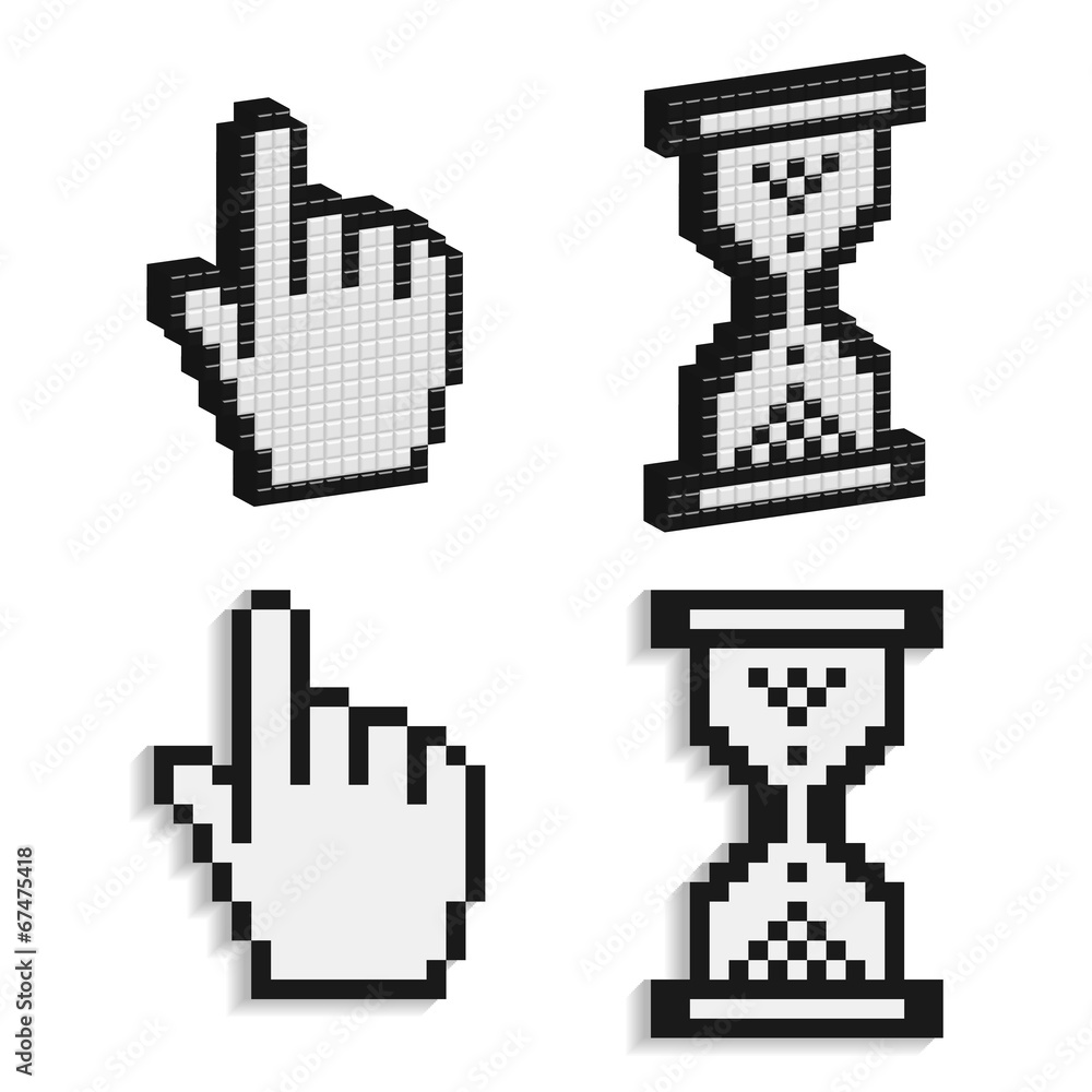 Pixel cursors icons, 3D pointing hand and hourglass Stock Vector ...