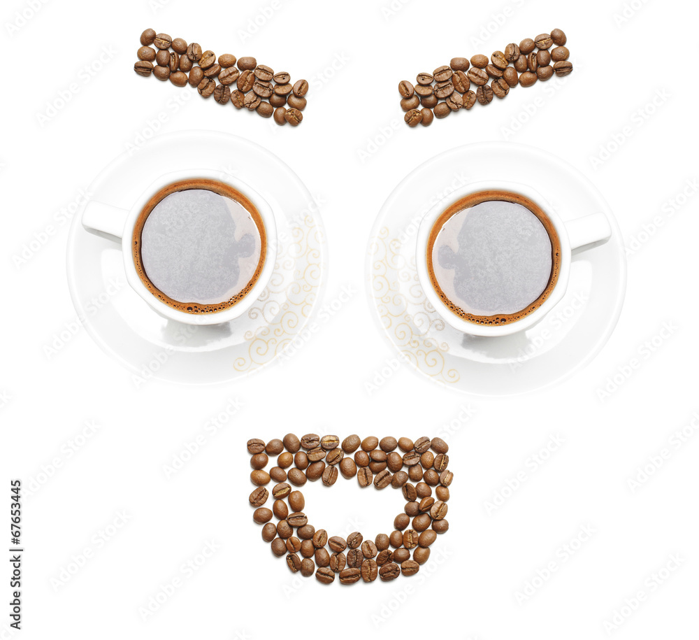 Funny face arranged from coffee beans and mugs Stock Photo | Adobe Stock