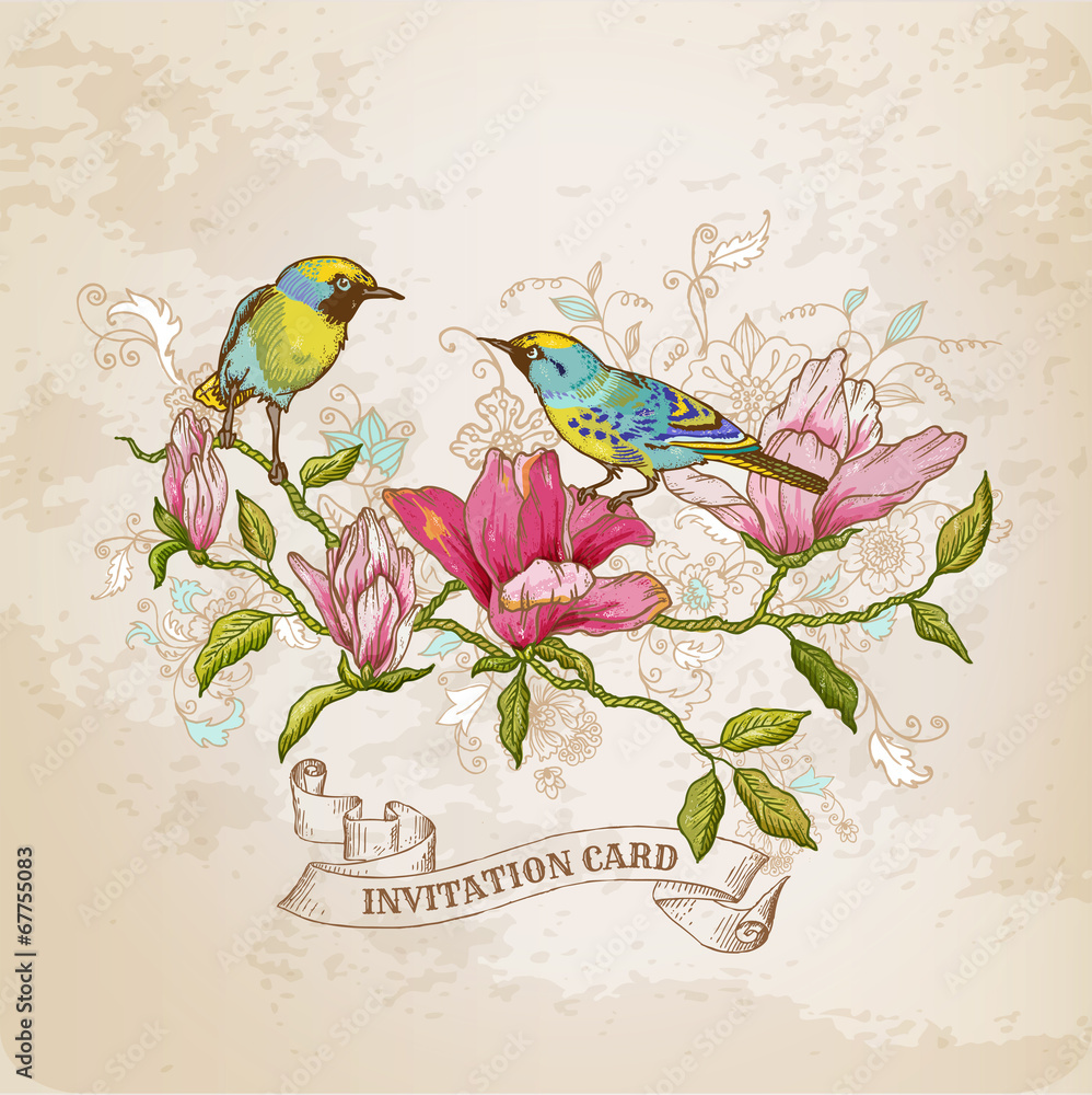 Vintage Card - Flowers and Birds - for design and scrapbook Stock ...