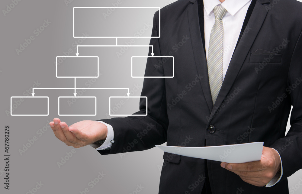 Businessman standing posture hand holding strategy flowchart iso Stock ...