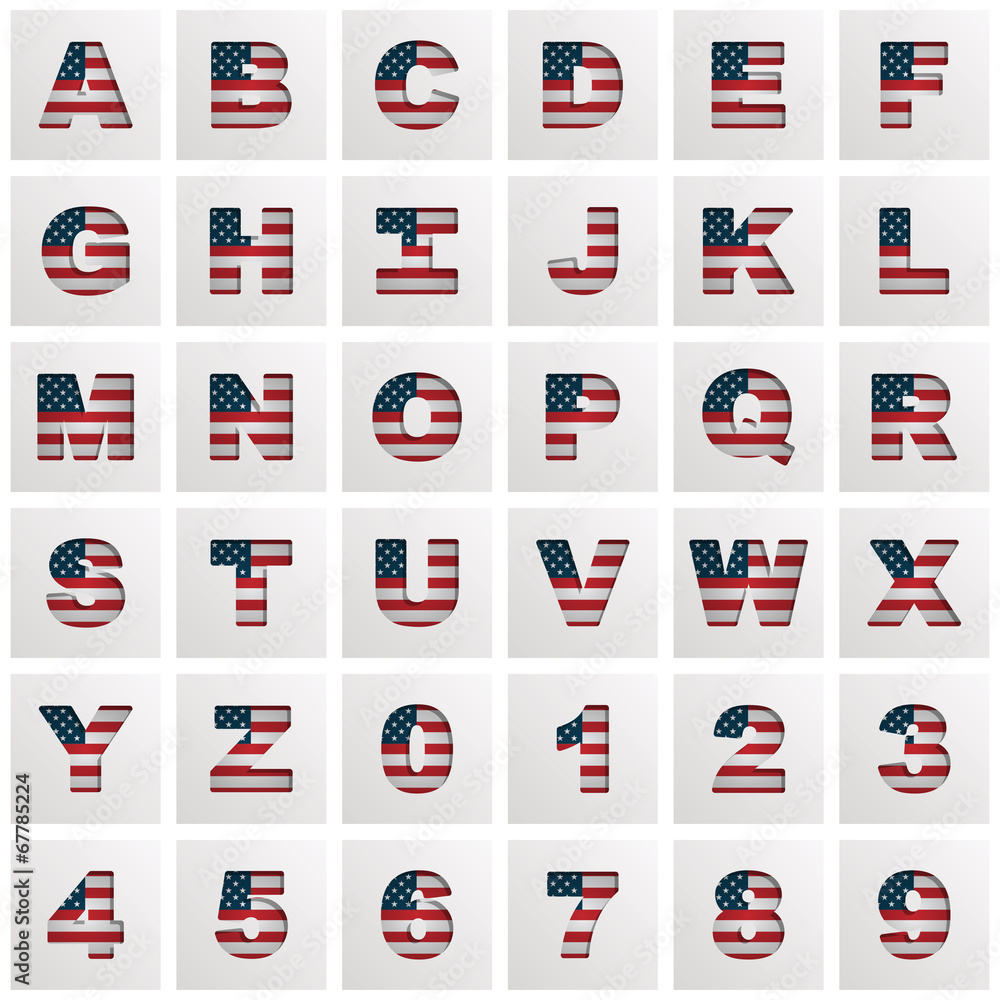 USA stars and stripes flag alphabet icons vector clipart lettering ...