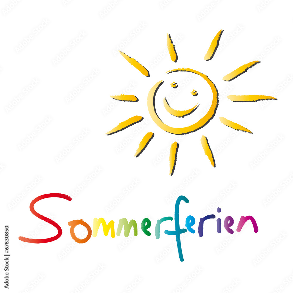 Sommerferien - Schriftzug mit Sonne, Endlich Ferien, Schulfrei, den ...
