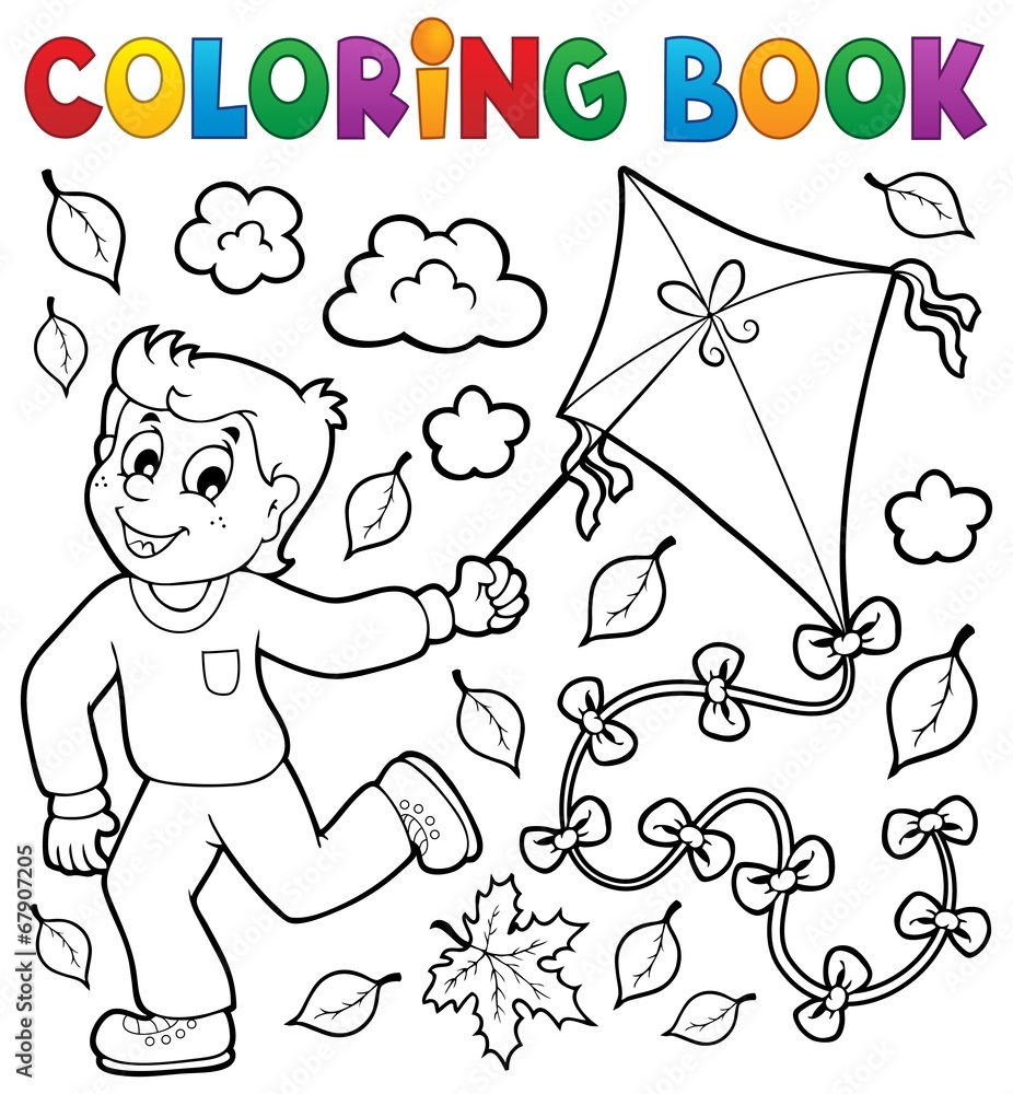Coloring book with boy and kite Stock Vector | Adobe Stock