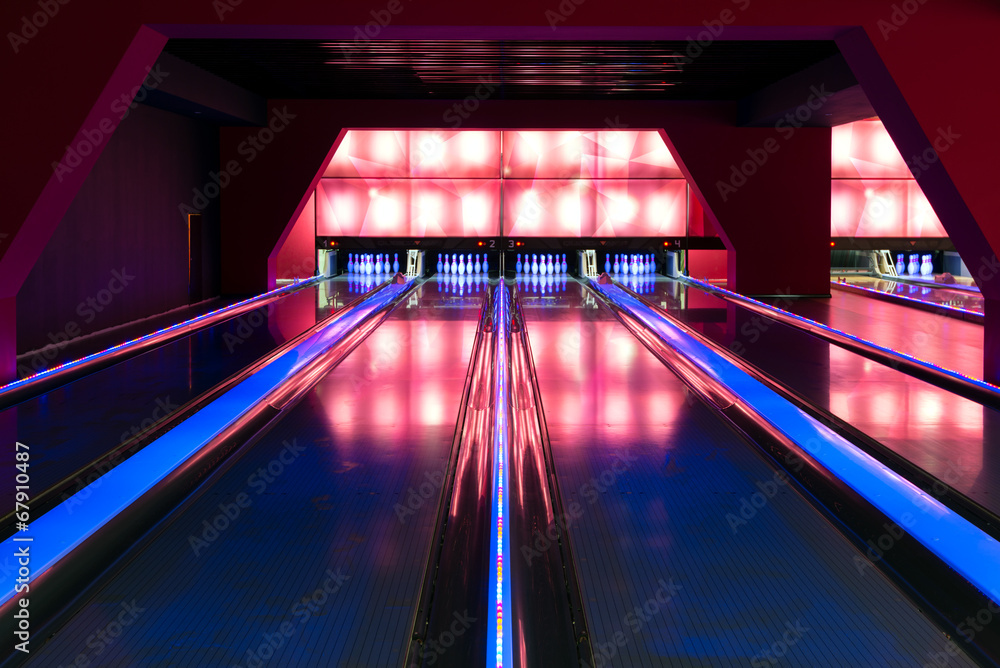 Bowling alley or lane with modern neon and LED lighting indoor Stock ...