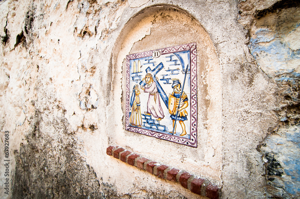 Virgin Mary and Jesus painted on a boat with phoenician symbol Stock ...