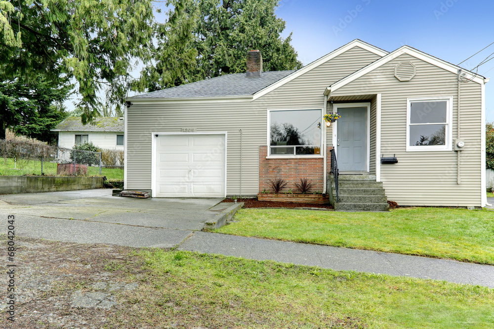 Simple house exterior. View of entrance porch and front yard Stock ...