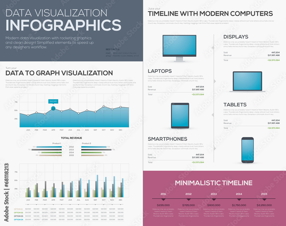 Data visualization infographics graphs, bars and laptop timeline Stock ...