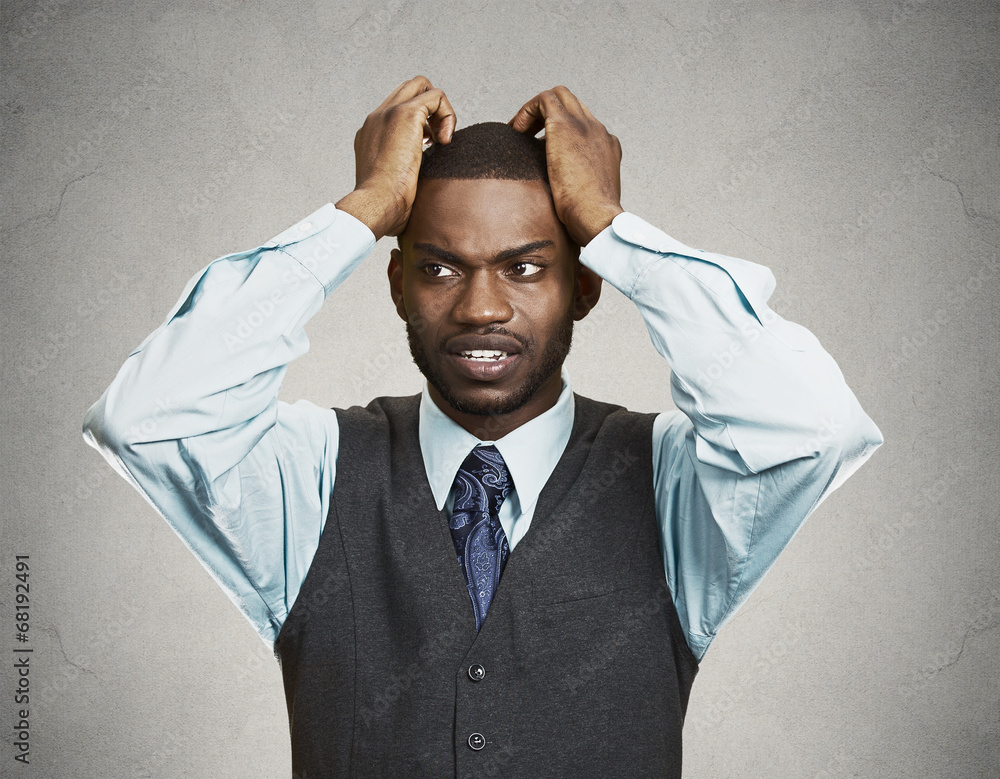 Stressed man pulling out hair, frustrated face expression Stock-Foto ...