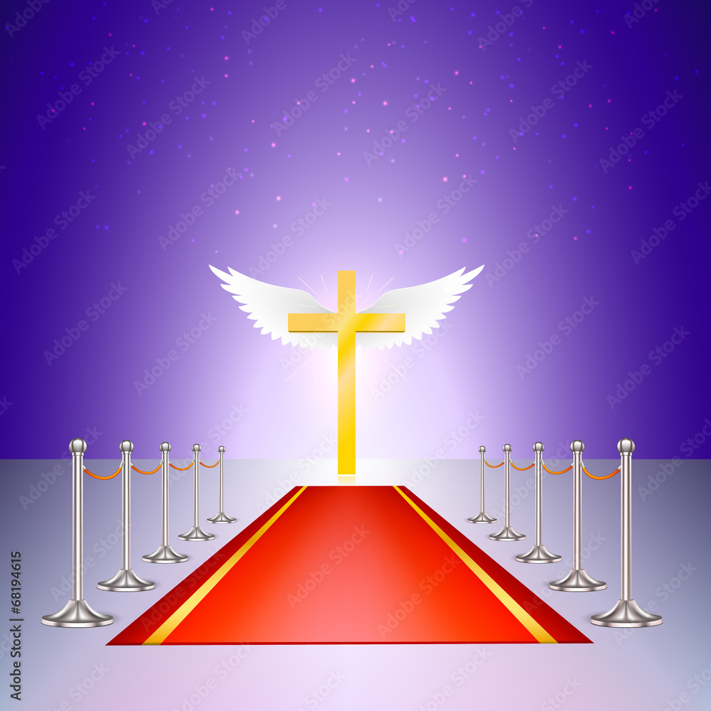 Gold cross, red carpet and fencing of chrome struts connected a Stock ...