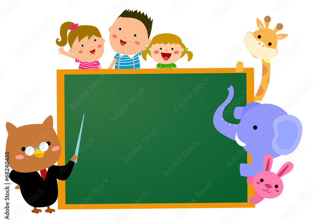 Kids and frame,Cartoon kids,animals and blackboard Stock Vector | Adobe ...