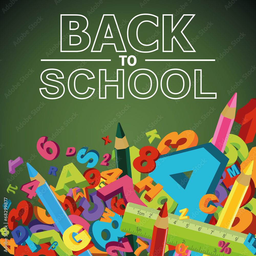Back to school background with letters, numbers and colored penc Stock ...