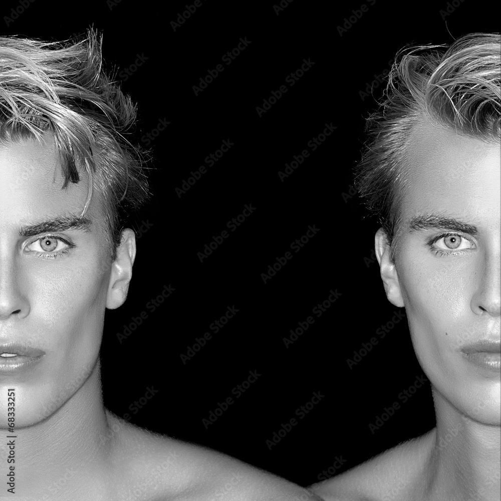 Twins. Two Half Faces of Blond men on Black Background Stock Photo ...