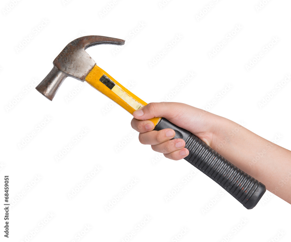 woman's hand holding used hammer on white background Stock Photo ...