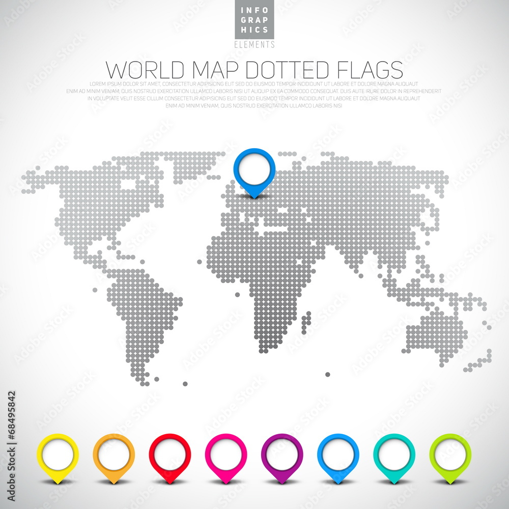 Set of 3D map pointers with dotted world map, vector illustratio Stock ...