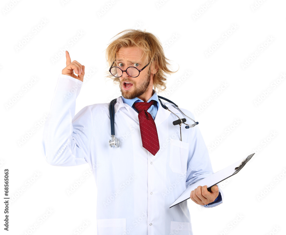 Funny doctor in glasses with notebook isolated on white Stock Photo ...