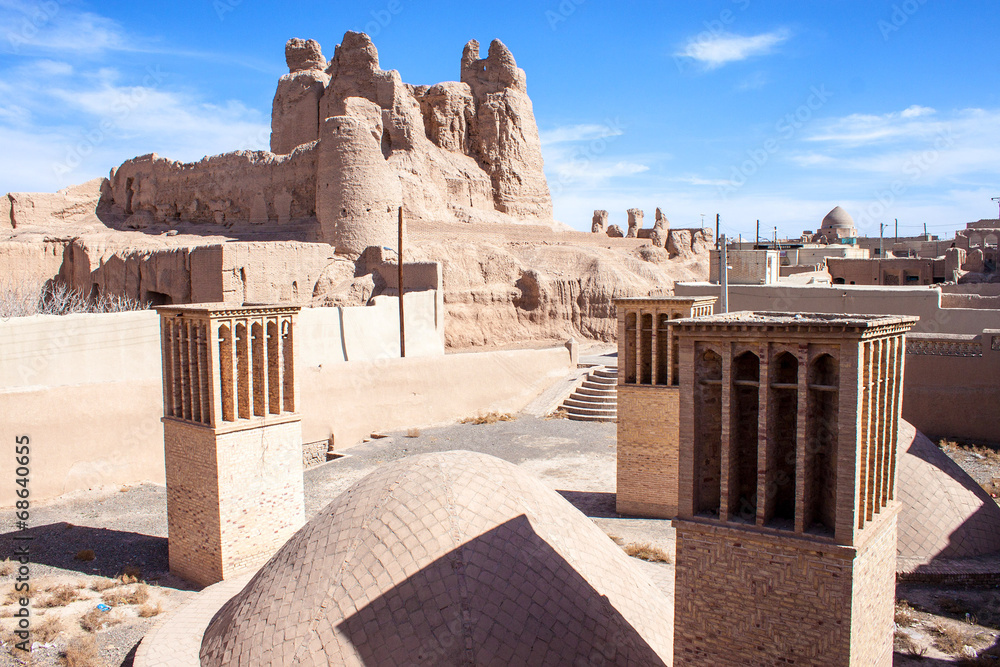 Water cistern and The Castle of Narenj in desert town Naein Stock Photo ...