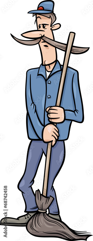 janitor man with broom cartoon illustration Stock Vector | Adobe Stock