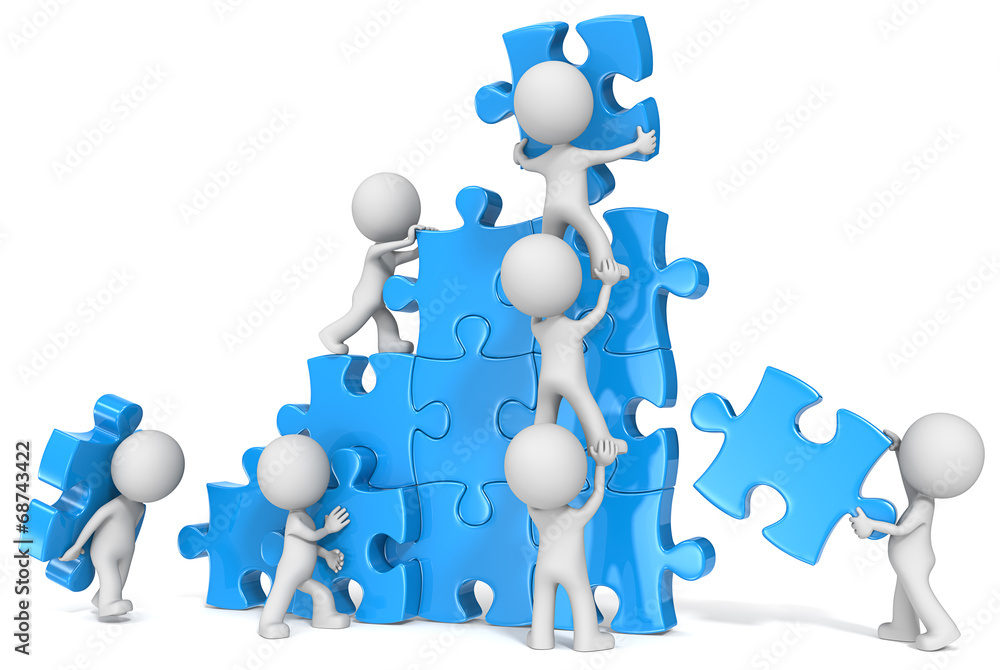 Teamwork. The dude x 7 building large puzzle. Blue. Stock Illustration ...