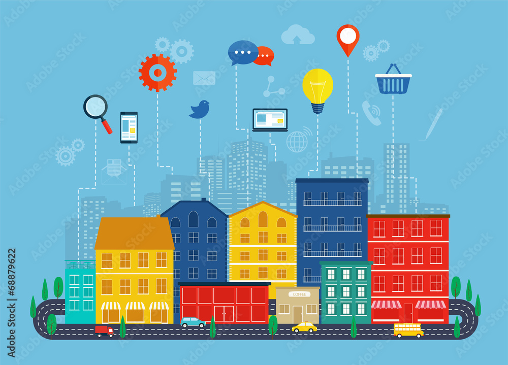 Global communication and navigation concept with flat icons aro Stock ...