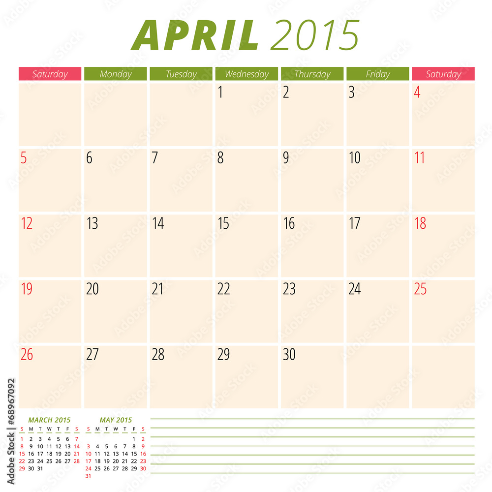 Calendar planner 2015 template week starts sunday Stock Vector | Adobe ...