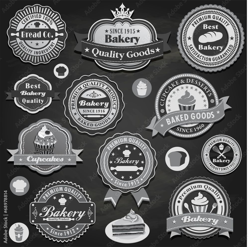 Vintage Bakery label set design with cake, cupcake, bread Stock Vector ...