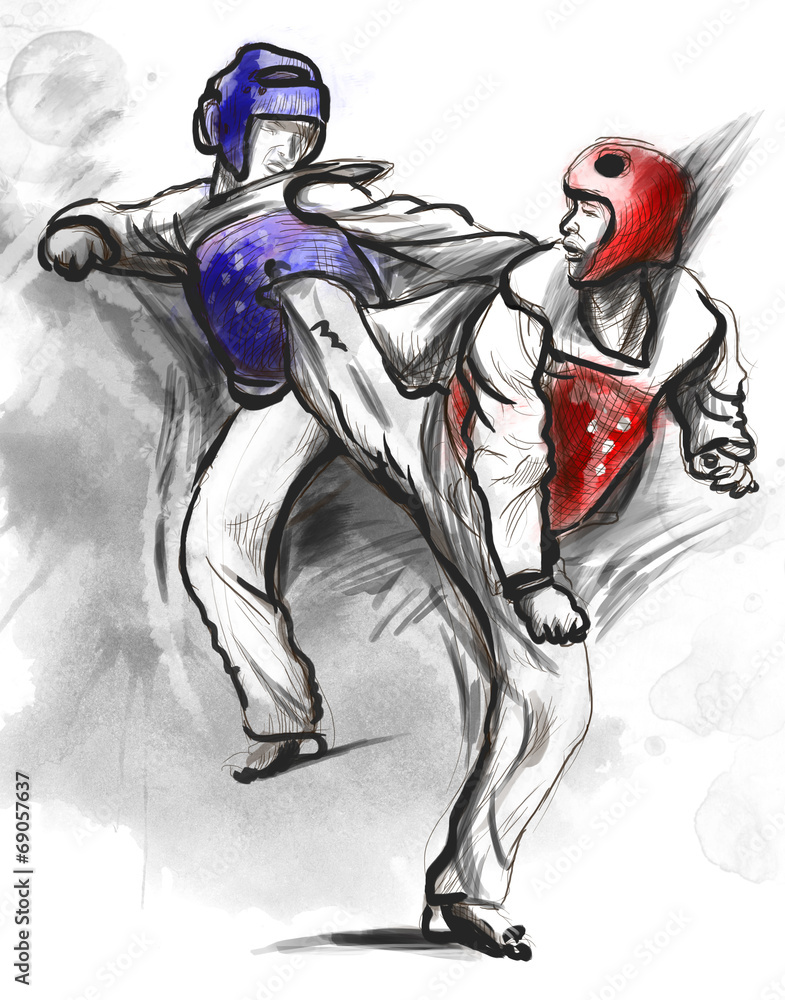 Tae-Kwon Do. An full sized hand drawn illustration on white ilustração ...