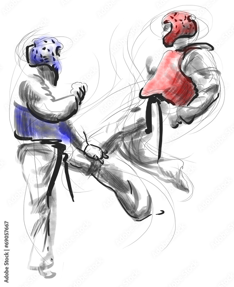 Tae-Kwon Do. An full sized hand drawn illustration on white Stock ...