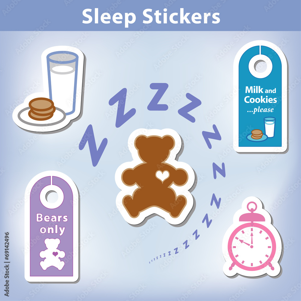 Sleep Stickers, Teddy bear, milk, cookies, clock, door hangers Stock ...