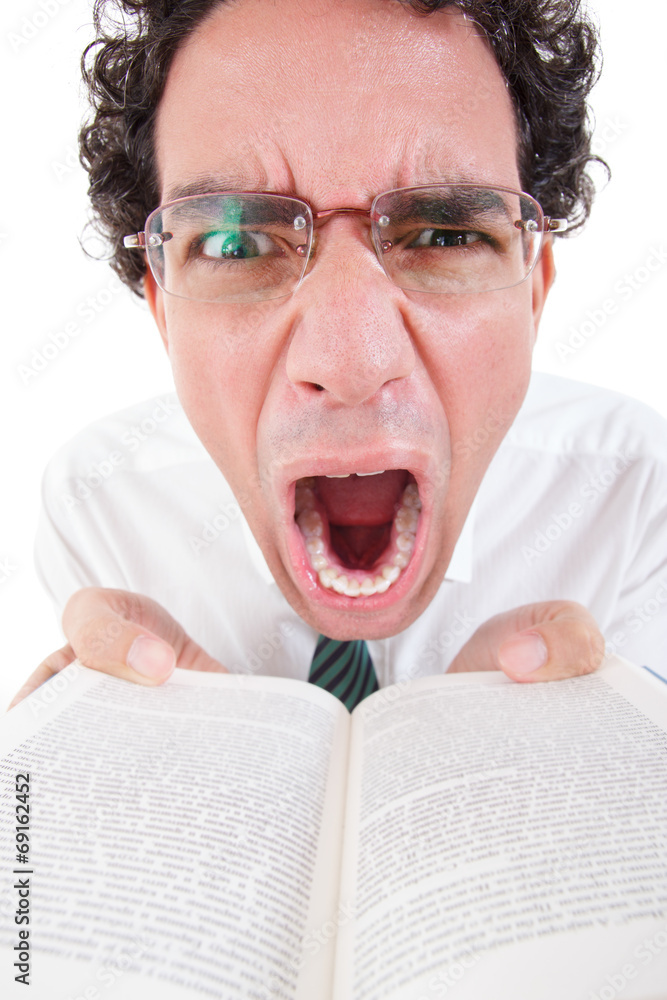angry nerd in shirt and tie with glasses holding open book Stock Photo ...