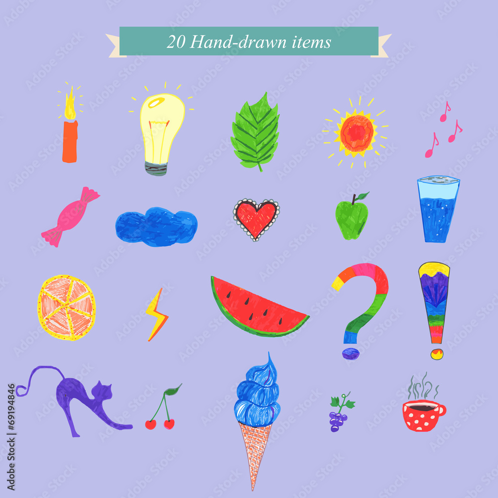 20 hand-drawn items collection Stock Vector | Adobe Stock