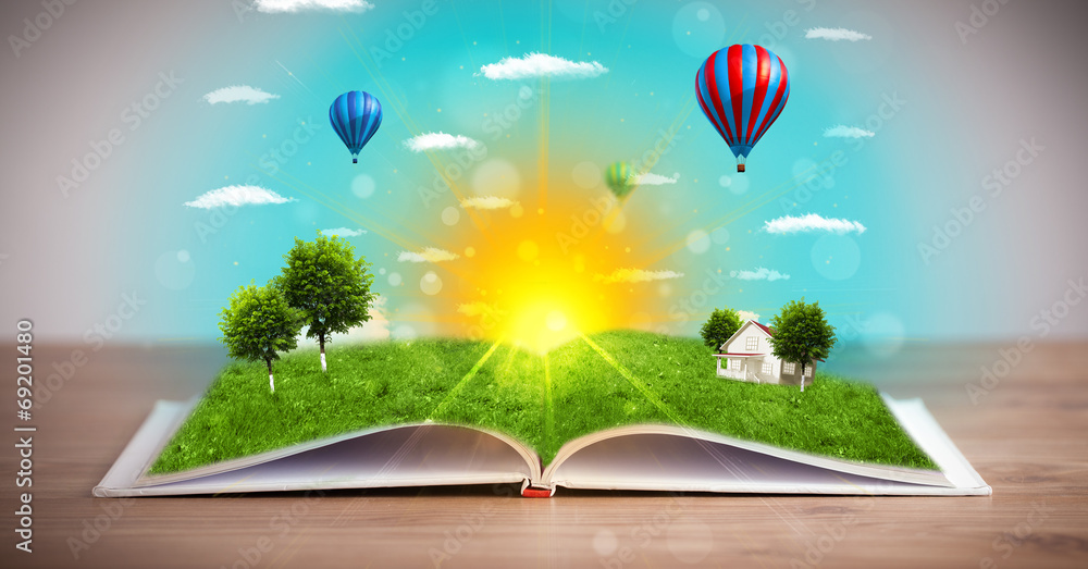 Open book with green nature world coming out of its pages Stock Photo ...