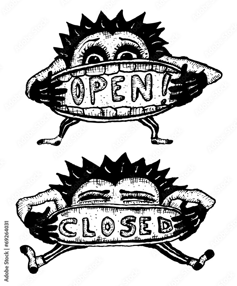 Open and closed signs cartoons characters set Stock Vector | Adobe Stock
