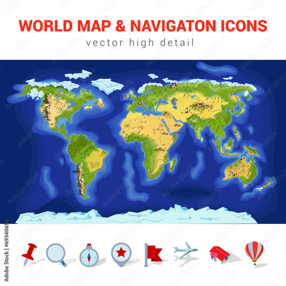 World map high detail vector navigation icon set gps continents Stock ...