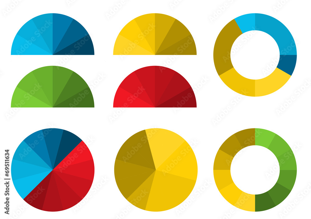 Set of 4 colorful half pie diagrams in color shades and 4 full p Stock ...