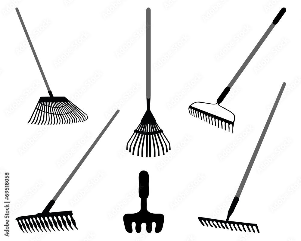 Black silhouettes of rake on a white background, vector Stock Vector ...