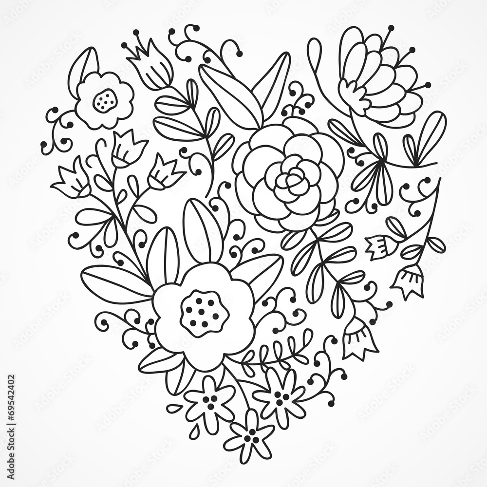 Cute vector outline floral heart Stock Vector | Adobe Stock