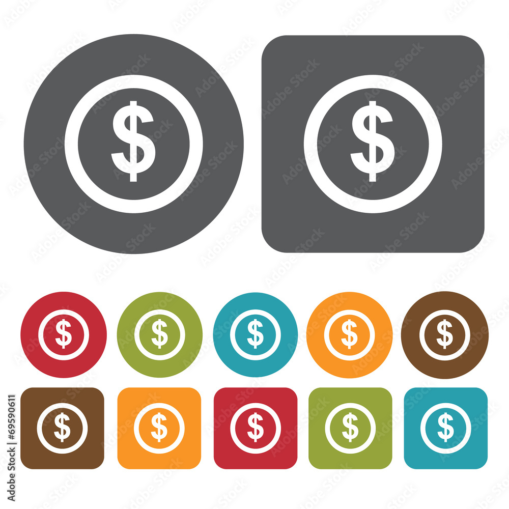 Dollar sign in circle icons set. Round and rectangle colourful 1 Stock ...