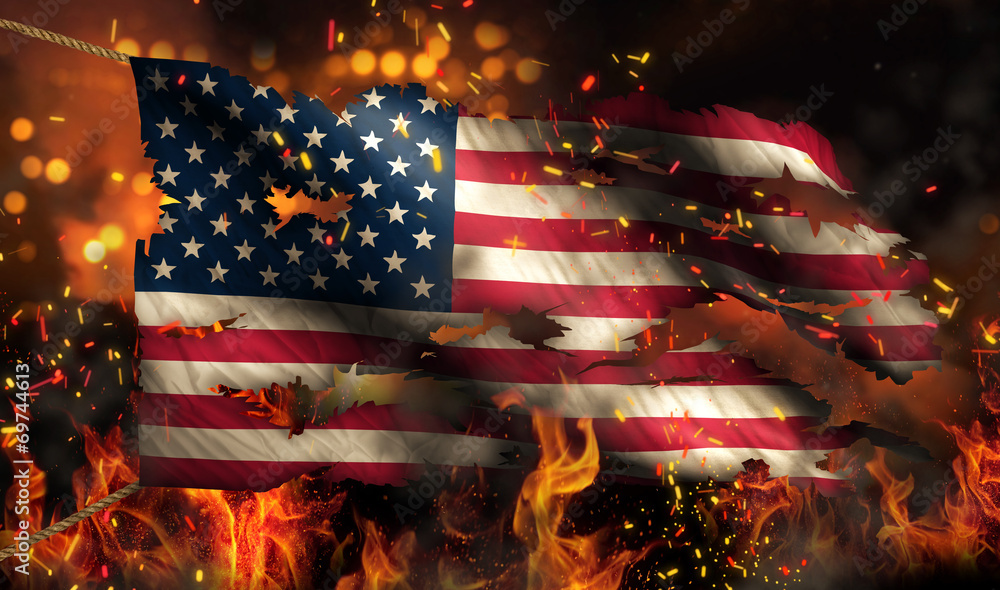 USA America Burning Fire Flag War Conflict Night 3D Stock Illustration ...