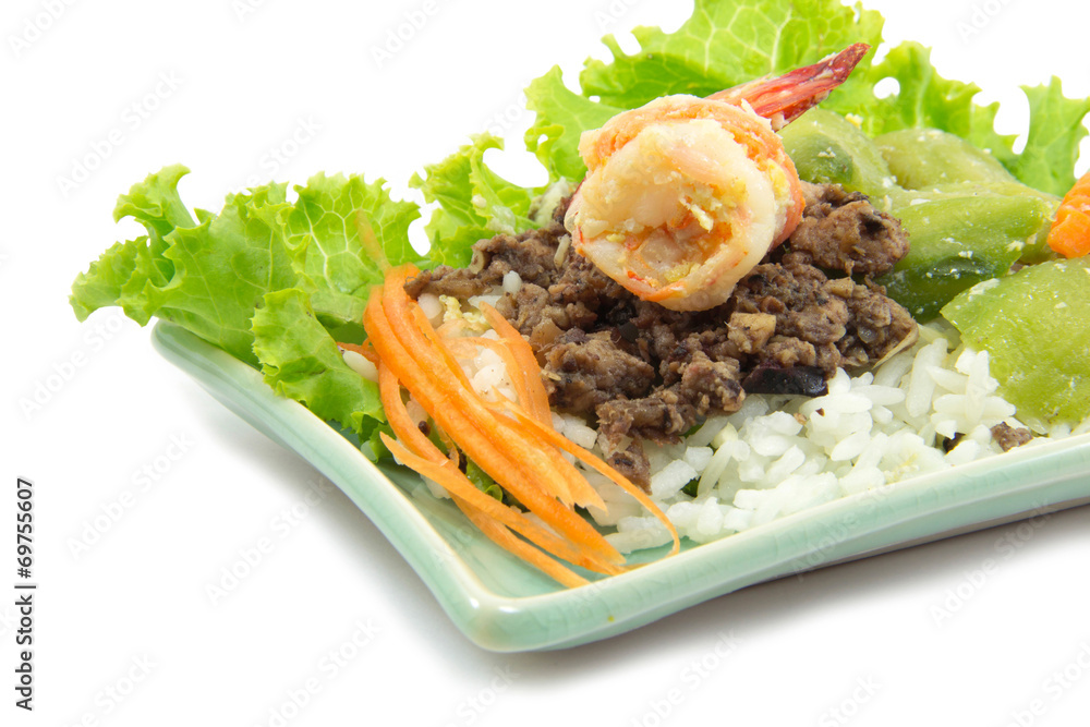 Steamed rice with zucchini and shrimp fried and pork salted oliv Stock ...