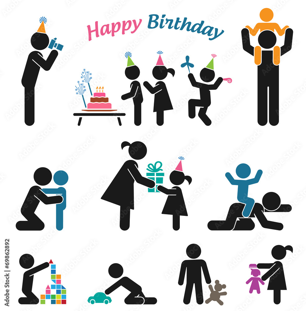Happy birthday. Pictogram icon set. Children birthday party. Stock ...