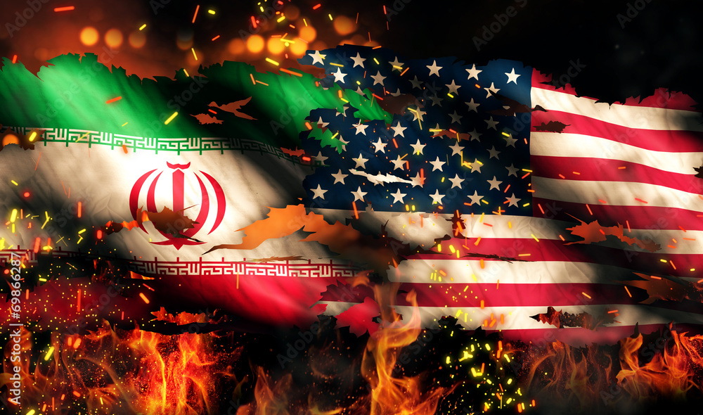 Iran USA Flag War Torn Fire International Conflict 3D Stock ...