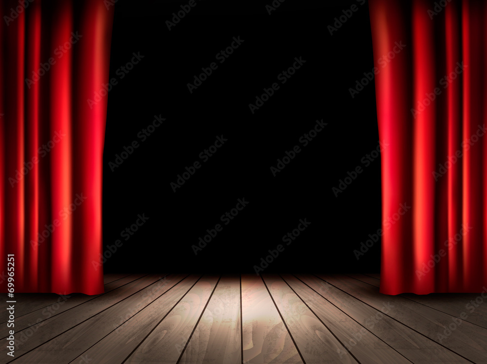 Theater stage with wooden floor and red curtains. Vector. Stock Vector ...
