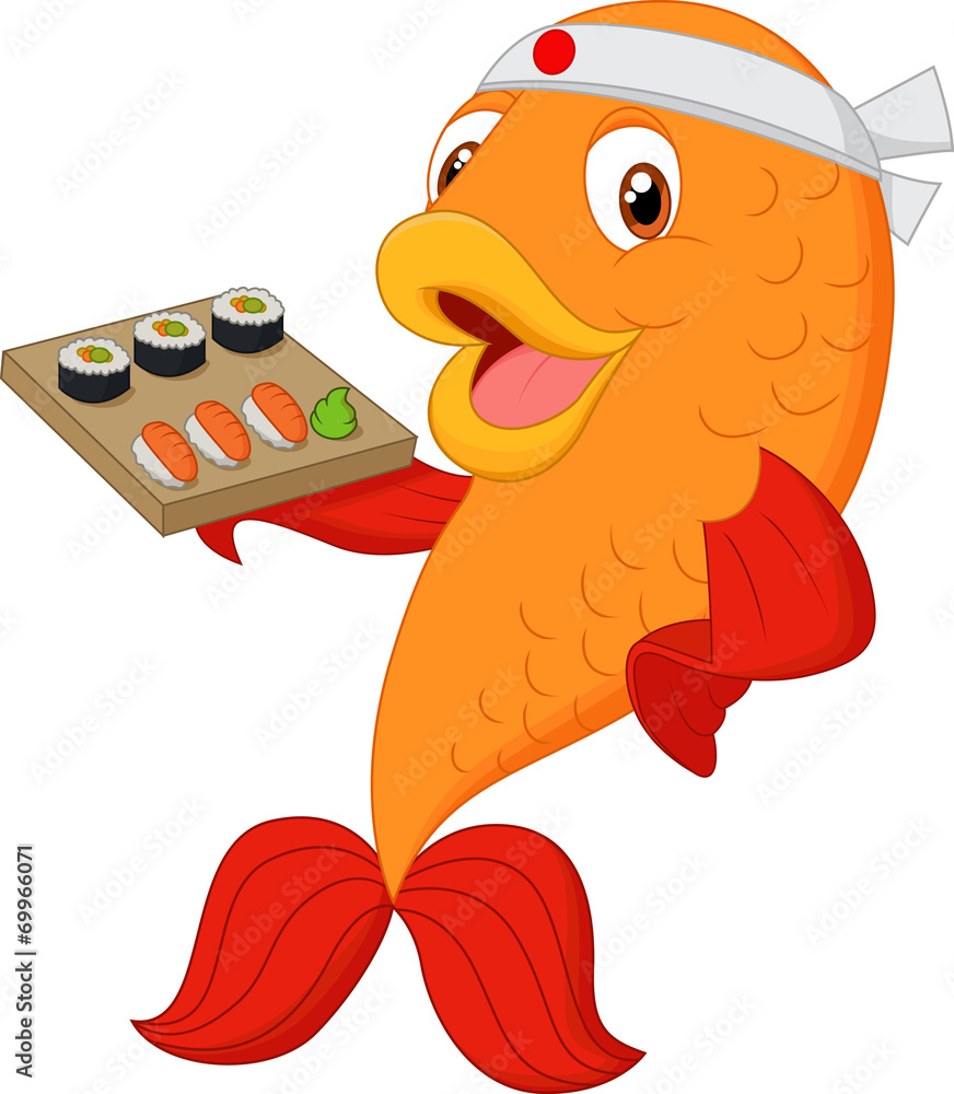 Cartoon chef fish holding sushi Stock Vector | Adobe Stock