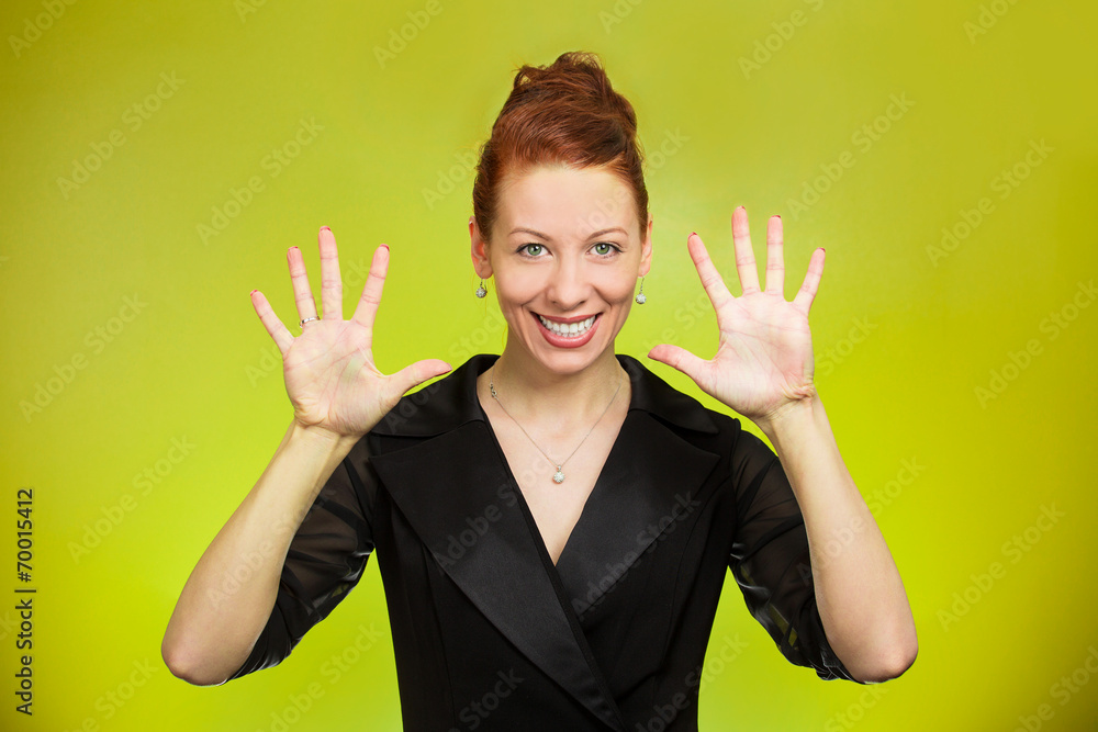 Woman making, showing five times sign gesture with two hands Stock 写真 ...