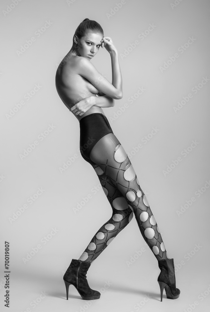 Sexy Naked Woman With Long Legs In Stockings Fashion Girl Stock Photo